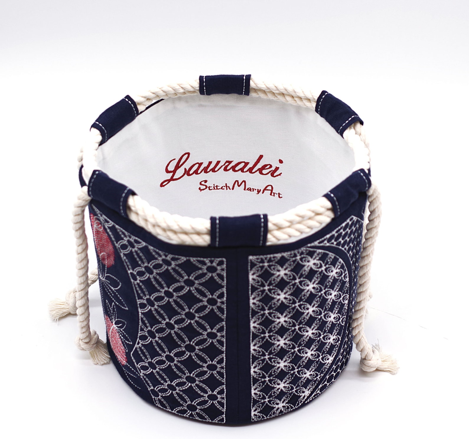 Blue Japanese Drawstring Pouch ROUND - Komebukuro - Sashiko Quilt ...