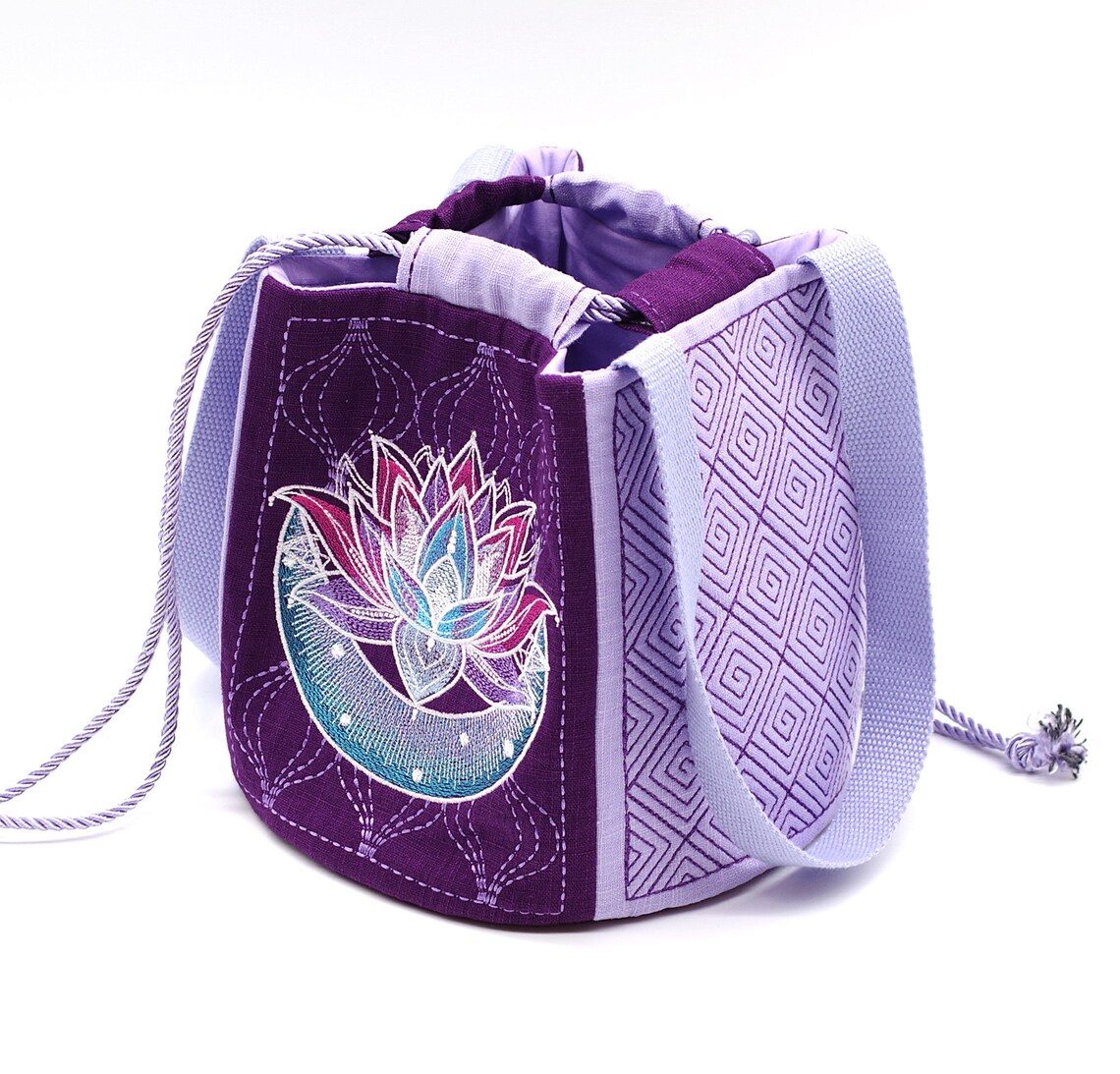 Lotus Flower Fan Komebukuro Sashiko Purple Japanese Drawstring Bag ...