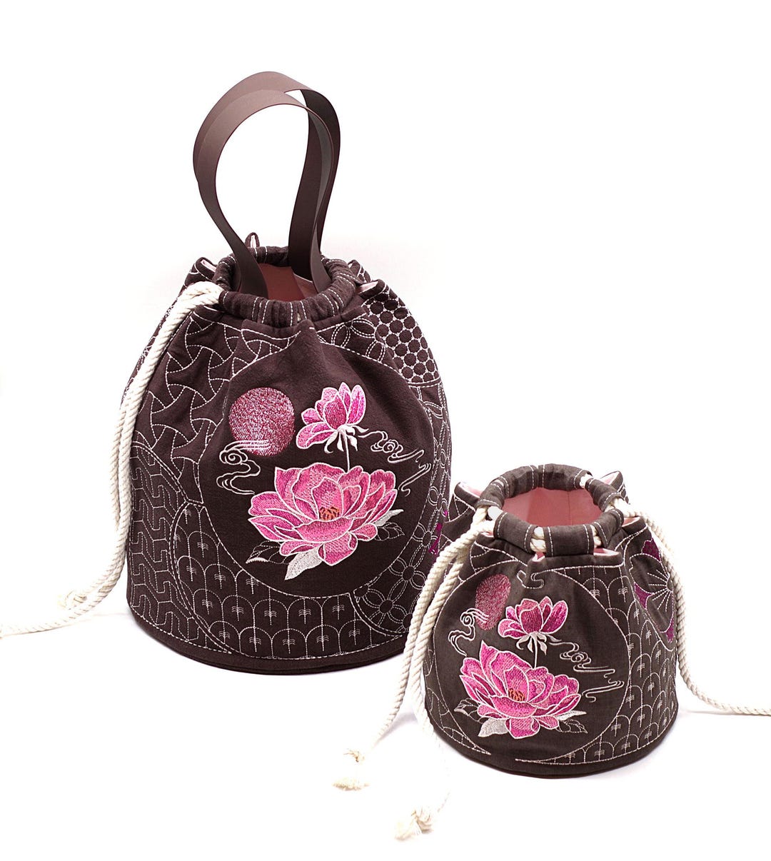 Brown-pink Japanese Drawstring Pouch ROUND - Komebukuro - Japanese Koi ...