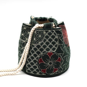 Dark Green Japanese Drawstring Pouch ROUND - Kanji Komebukuro - Sashiko ...