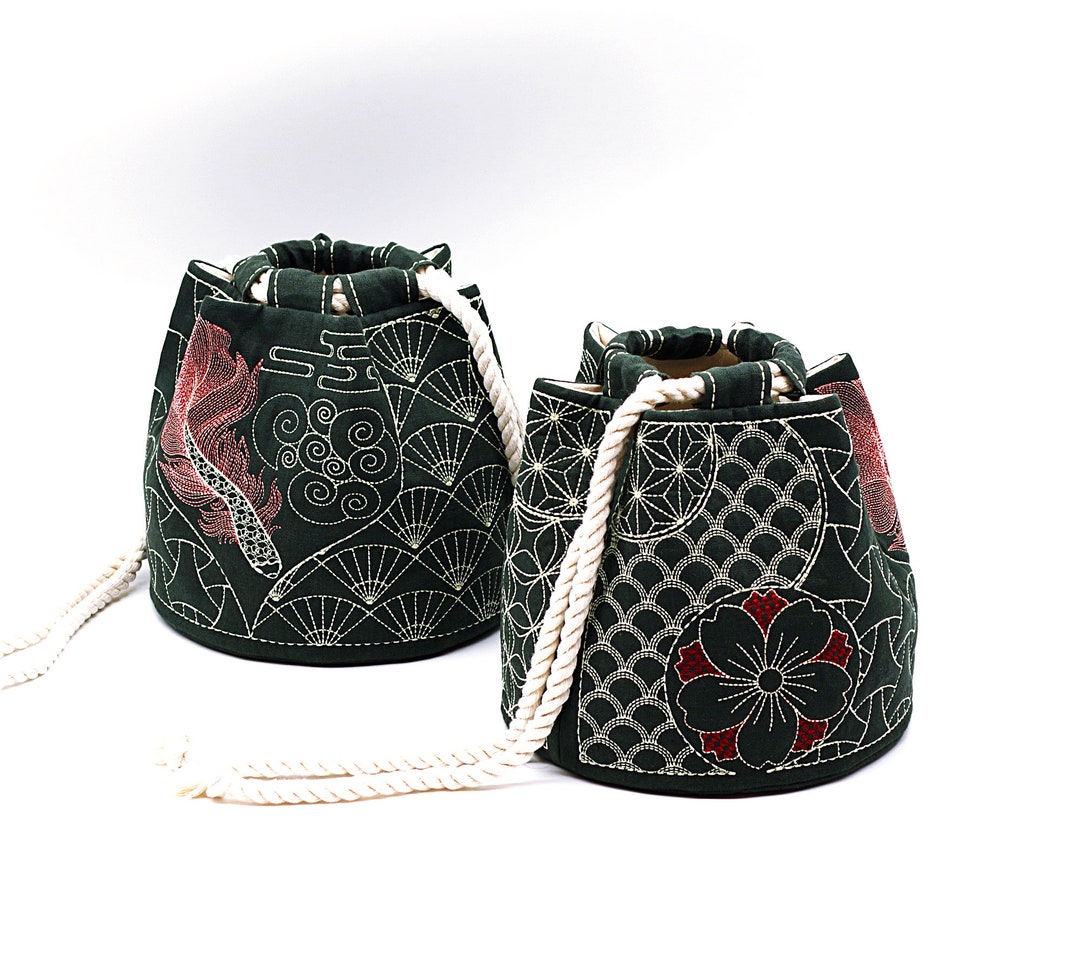 Dark Green Japanese Drawstring Pouch ROUND - Kanji Komebukuro - Sashiko ...