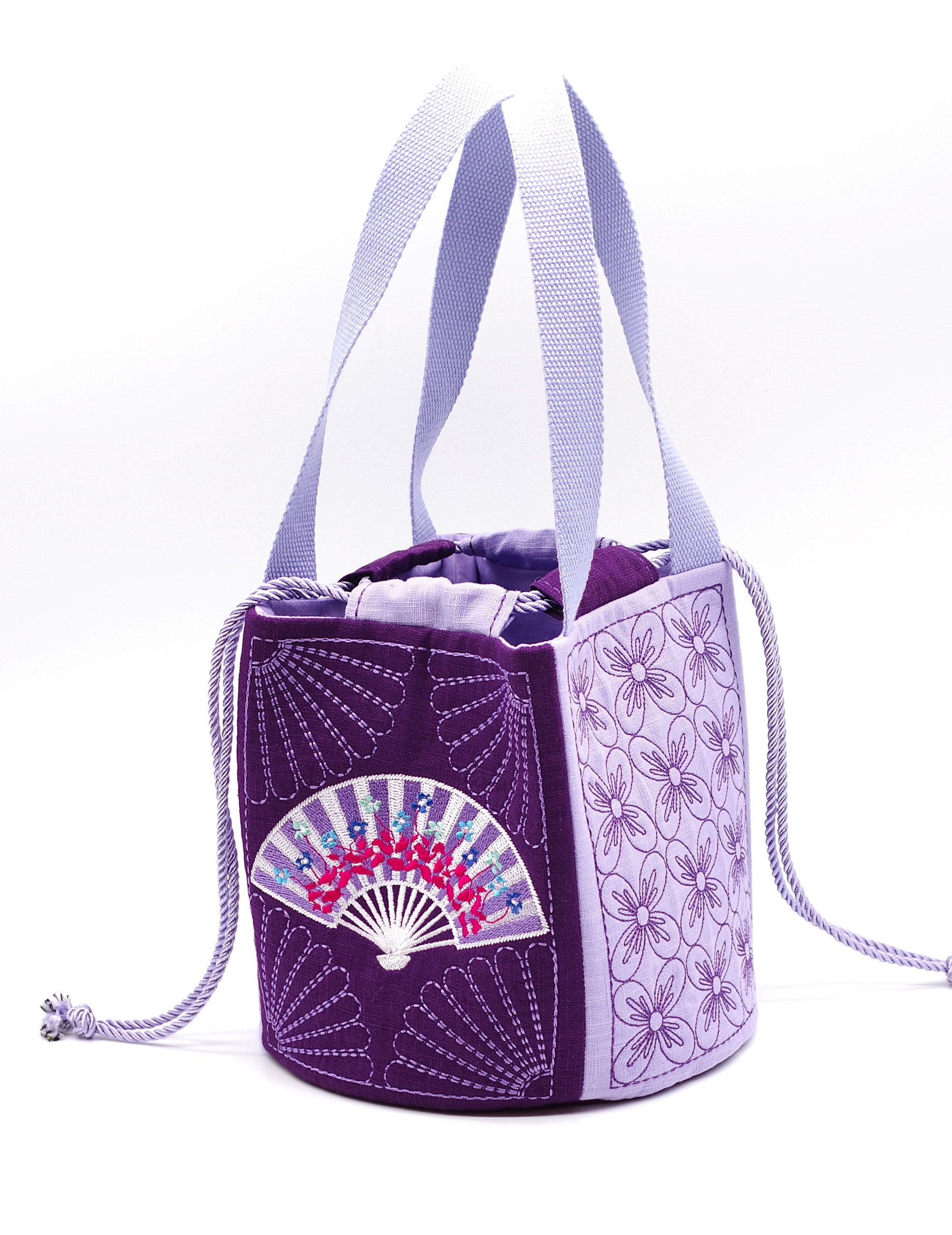 Lotus Flower Fan Komebukuro Sashiko Purple Japanese Drawstring Bag ...
