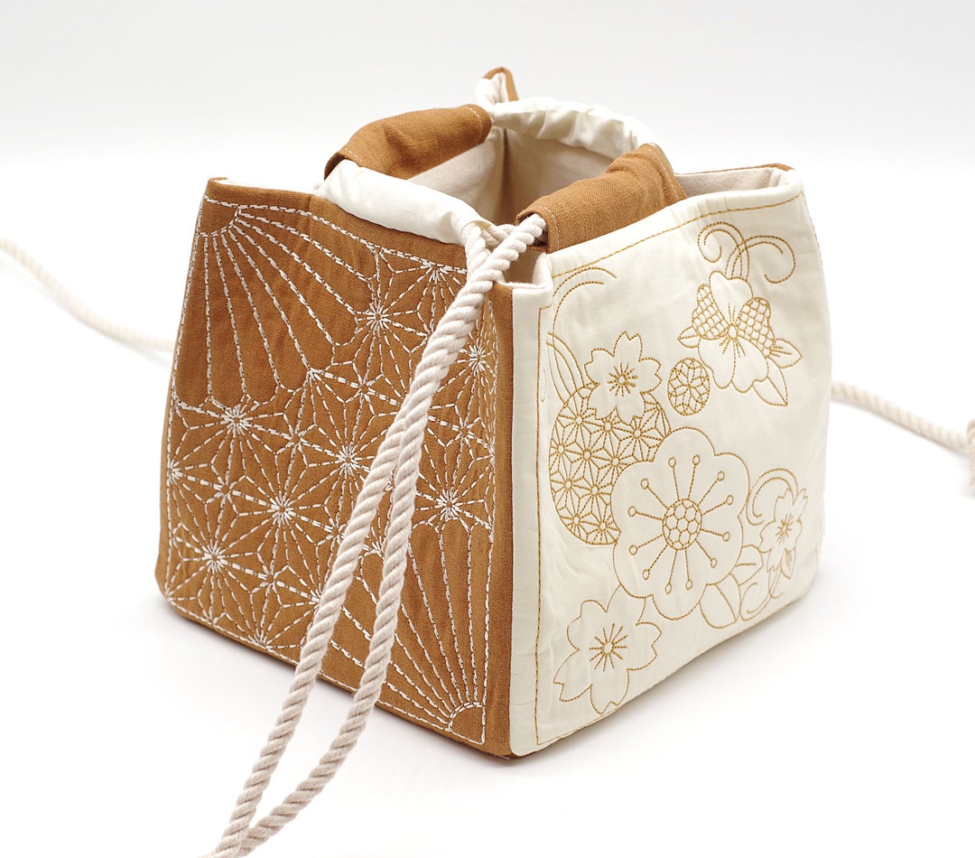 Japanese Drawstring Pouch With Sakura Embroidery - Komebukuro - Sashiko ...