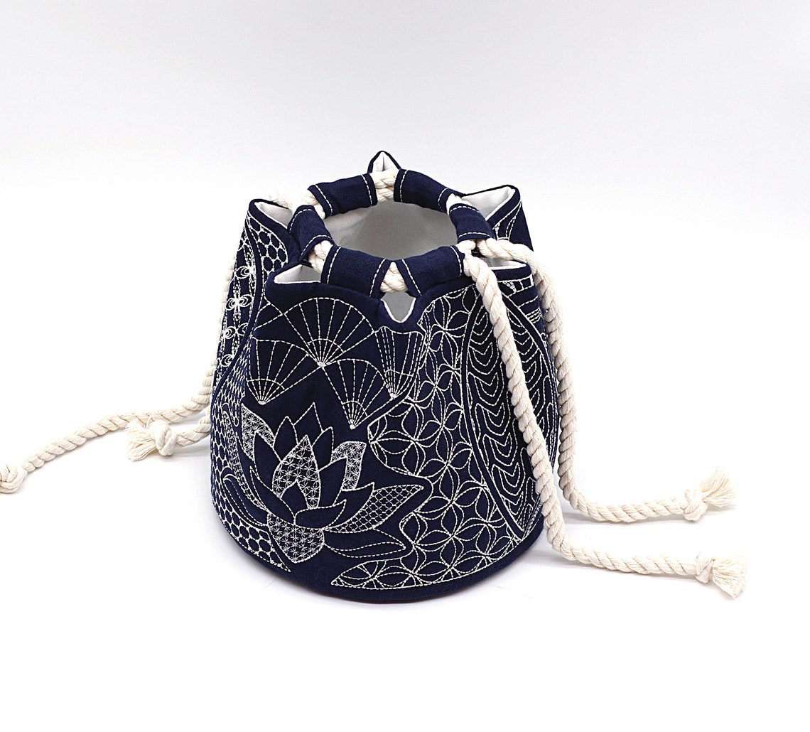 Blue Japanese Drawstring Pouch ROUND Kanji Komebukuro - Etsy