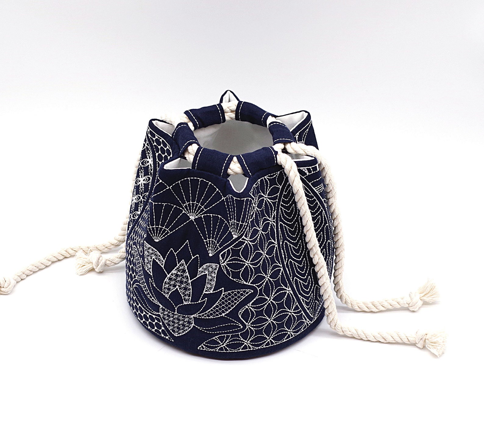 Blue Japanese Drawstring Pouch ROUND Kanji Komebukuro - Etsy