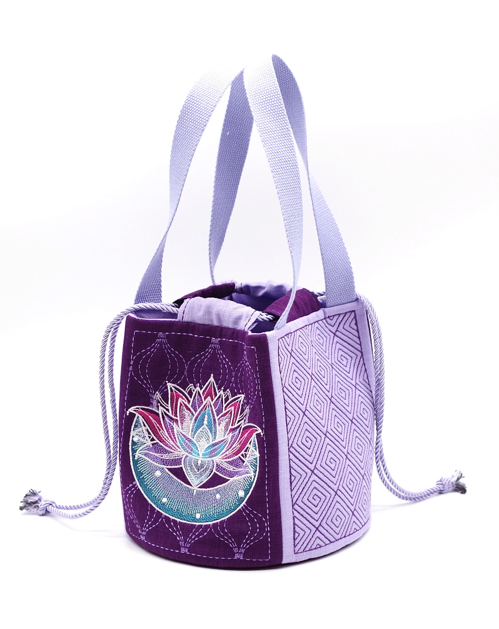 Lotus Flower Fan Komebukuro Sashiko Purple Japanese Drawstring Bag ...