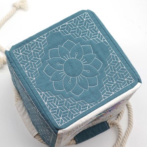 Japanese Drawstring Pouch - Linen Komebukuro - Petrol Blue - Sashiko Quilt Embroidery, Moon Cat ...