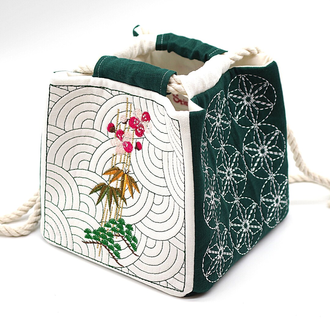 Dark Green Japanese Drawstring Pouch - Komebukuro - Sashiko Quilt ...