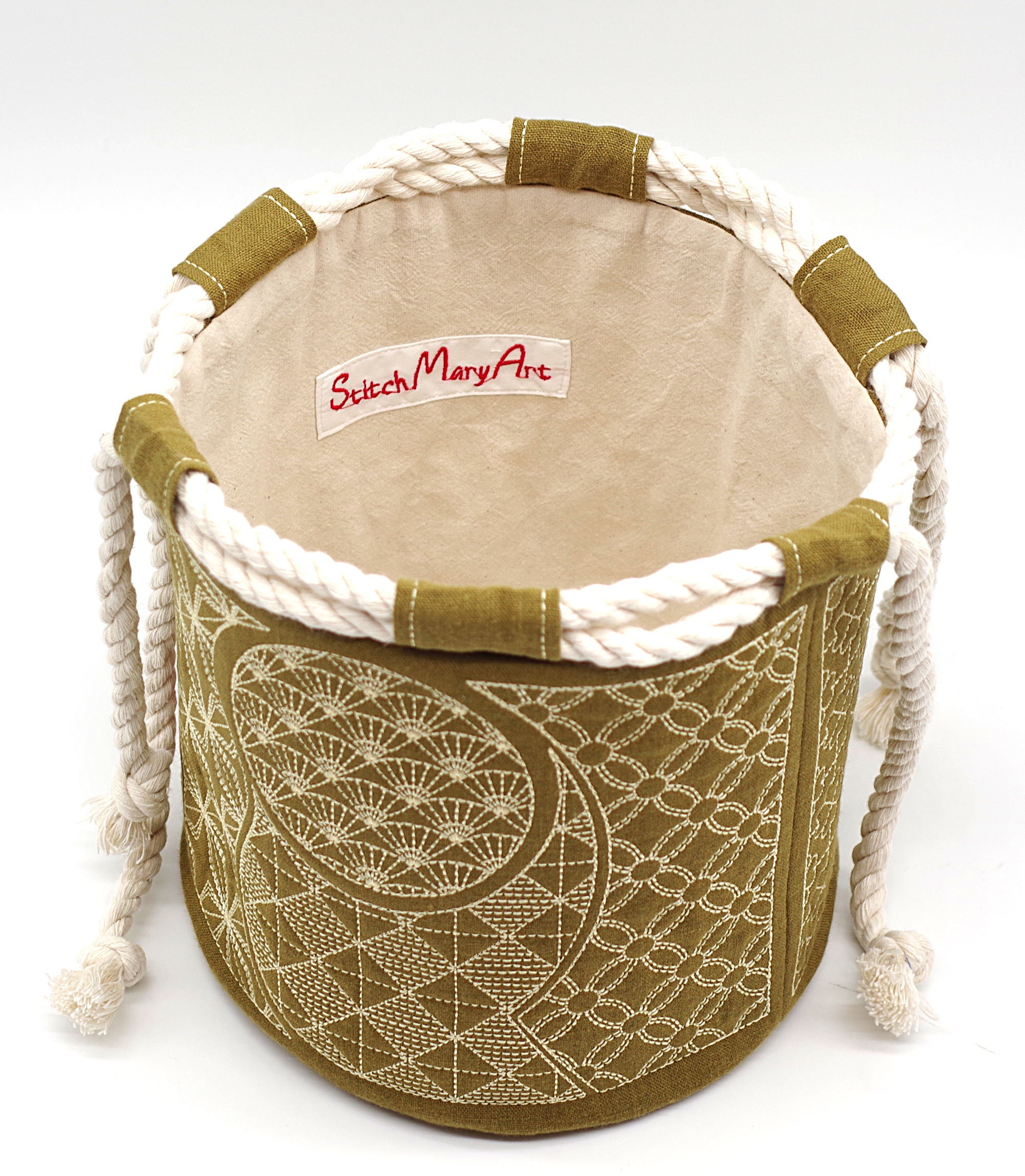 Khaki Japanese Drawstring Pouch ROUND - Kanji Komebukuro - Sashiko ...