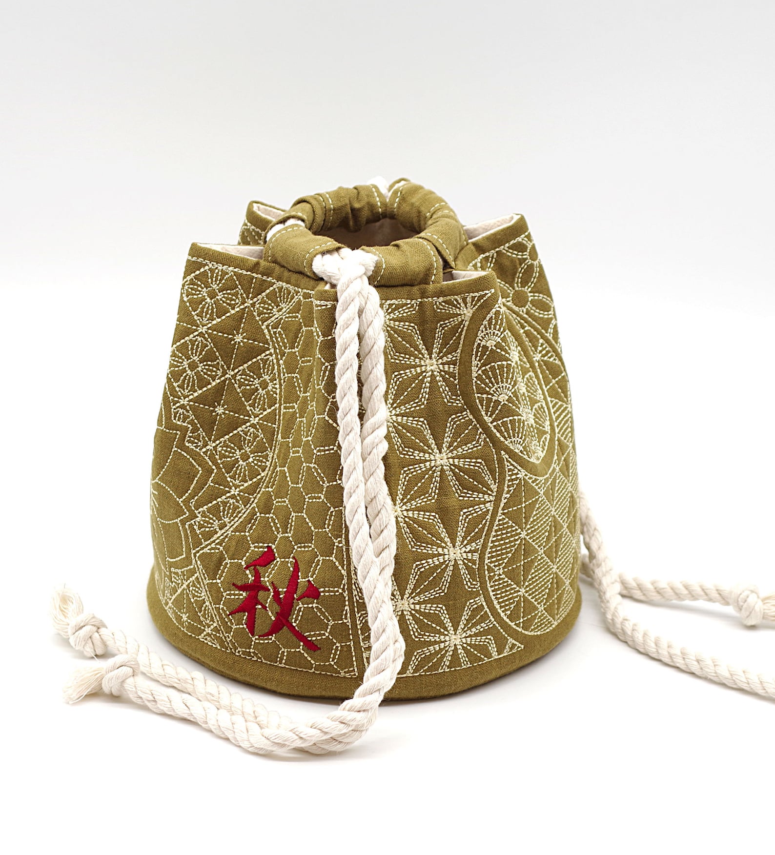 Khaki Japanese Drawstring Pouch ROUND Kanji Komebukuro - Etsy