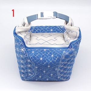 Sashiko Lunch Bag Drawstring Bag, Bento Box, Coral & Blue White, Jersey Komebukuro, Embroidery ...