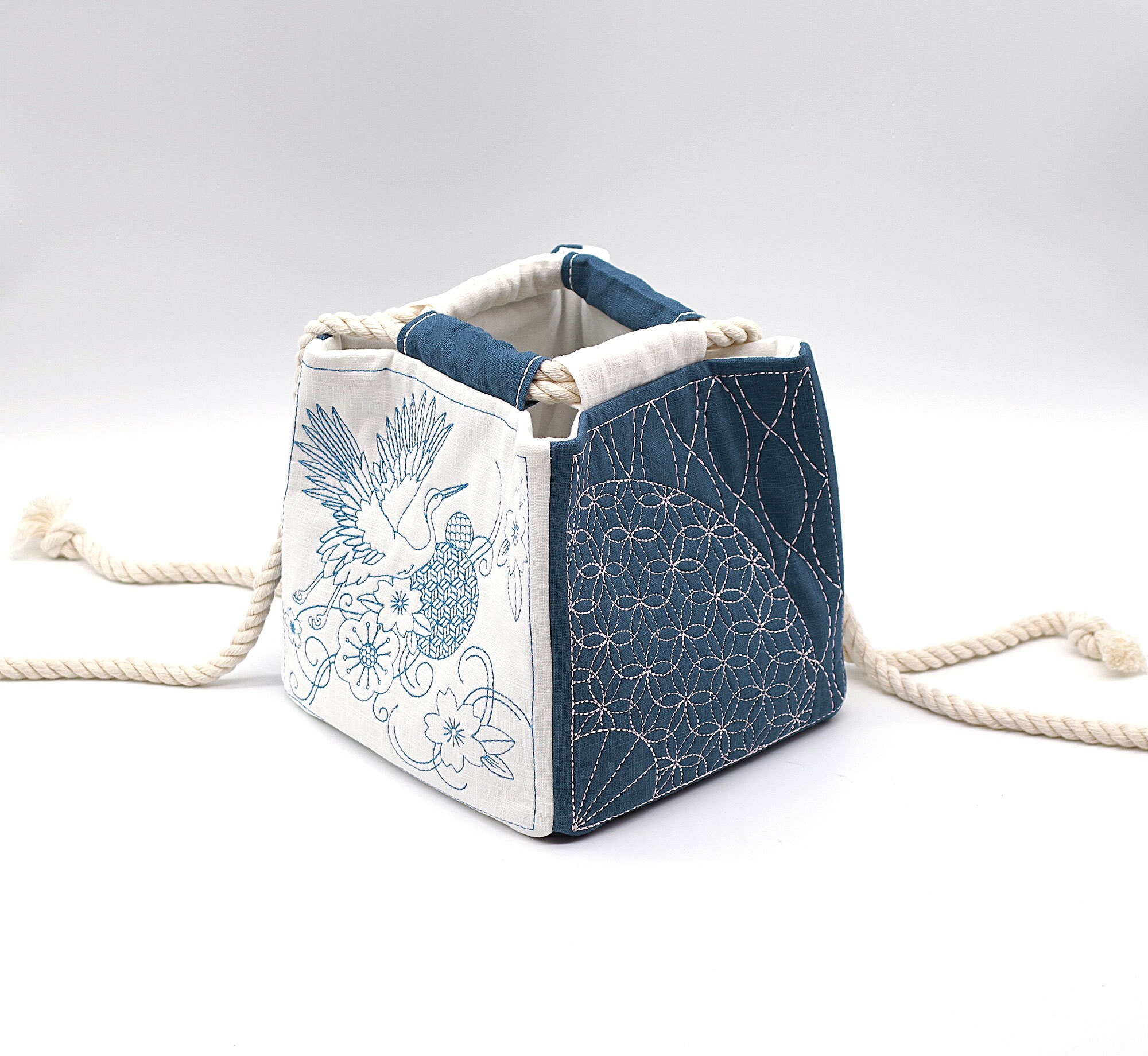Indigoblue Japanese Drawstring Pouch - Crane Komebukuro - Sashiko Quilt ...