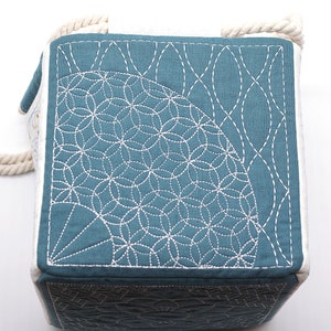 Japanese Drawstring Pouch - Linen Komebukuro - Petrol Blue - Sashiko Quilt Embroidery, Moon Cat ...