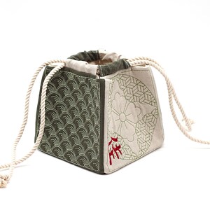 Gray Green Japanese Drawstring Pouch - Kanji Komebukuro - Sashiko Quilt ...