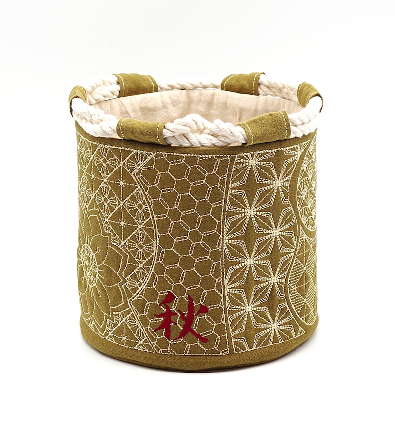 Khaki Japanese Drawstring Pouch ROUND - Kanji Komebukuro - Sashiko ...