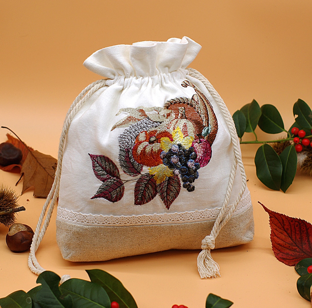 Cornucopia Thanksgiving Linen Bag - Drawstring Pouch - for Projects ...