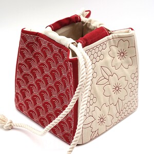 Red-white Japanese Drawstring Pouch - Komebukuro - Sashiko Quilt ...