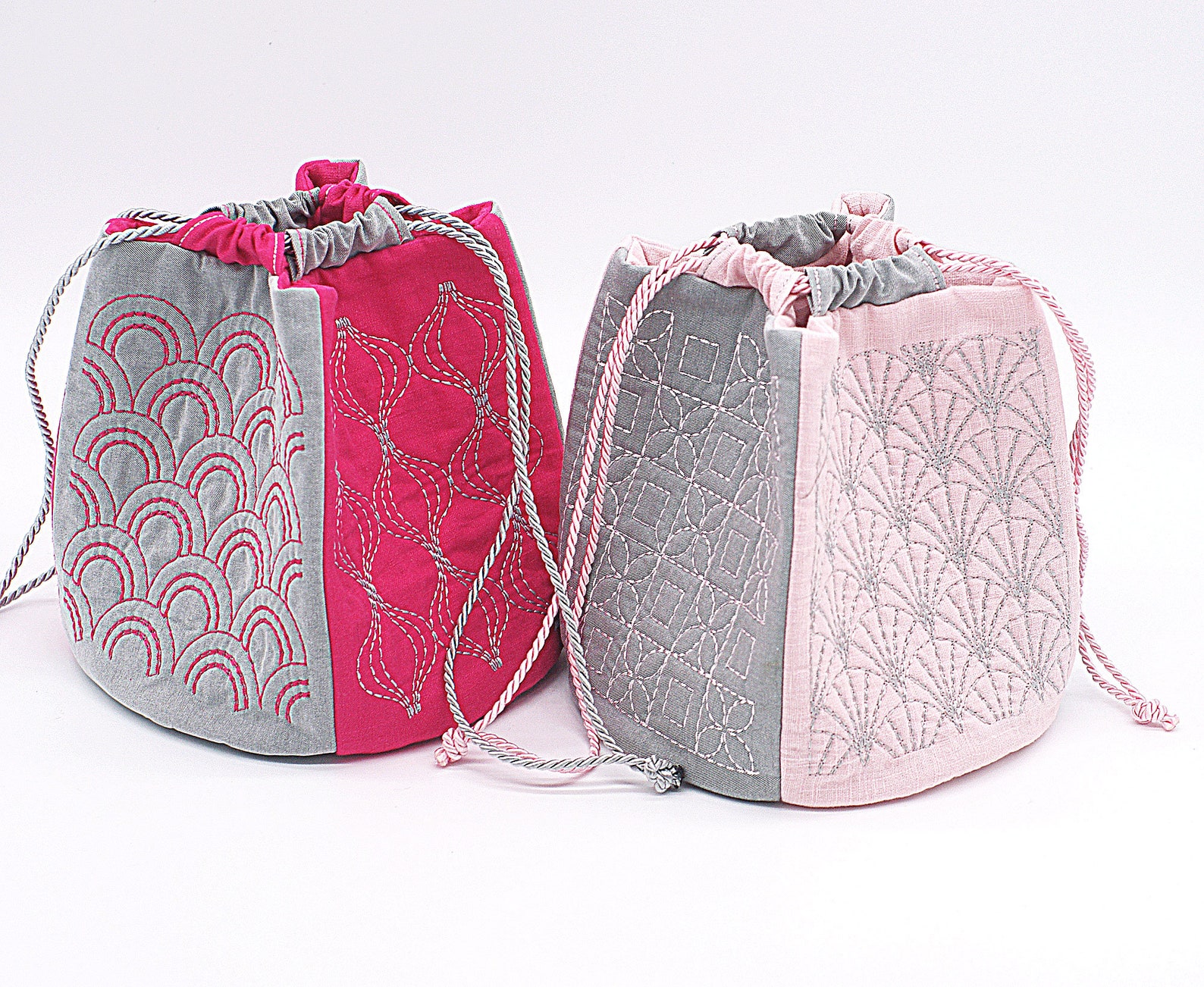 Japanese Drawstring Pouch - Komebukuro - Gray & Pink, Sashiko Quilt ...