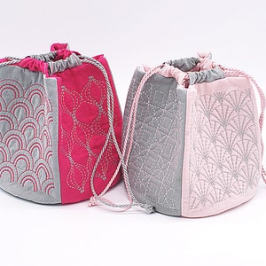 Japanese Drawstring Pouch - Komebukuro - Gray & Pink, Sashiko Quilt ...