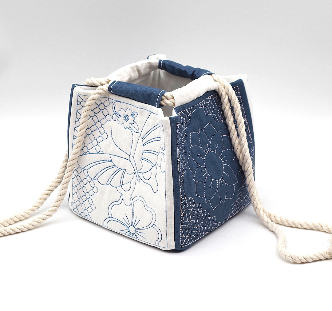 Indigoblue Japanese Drawstring Pouch - Crane Komebukuro - Sashiko Quilt ...