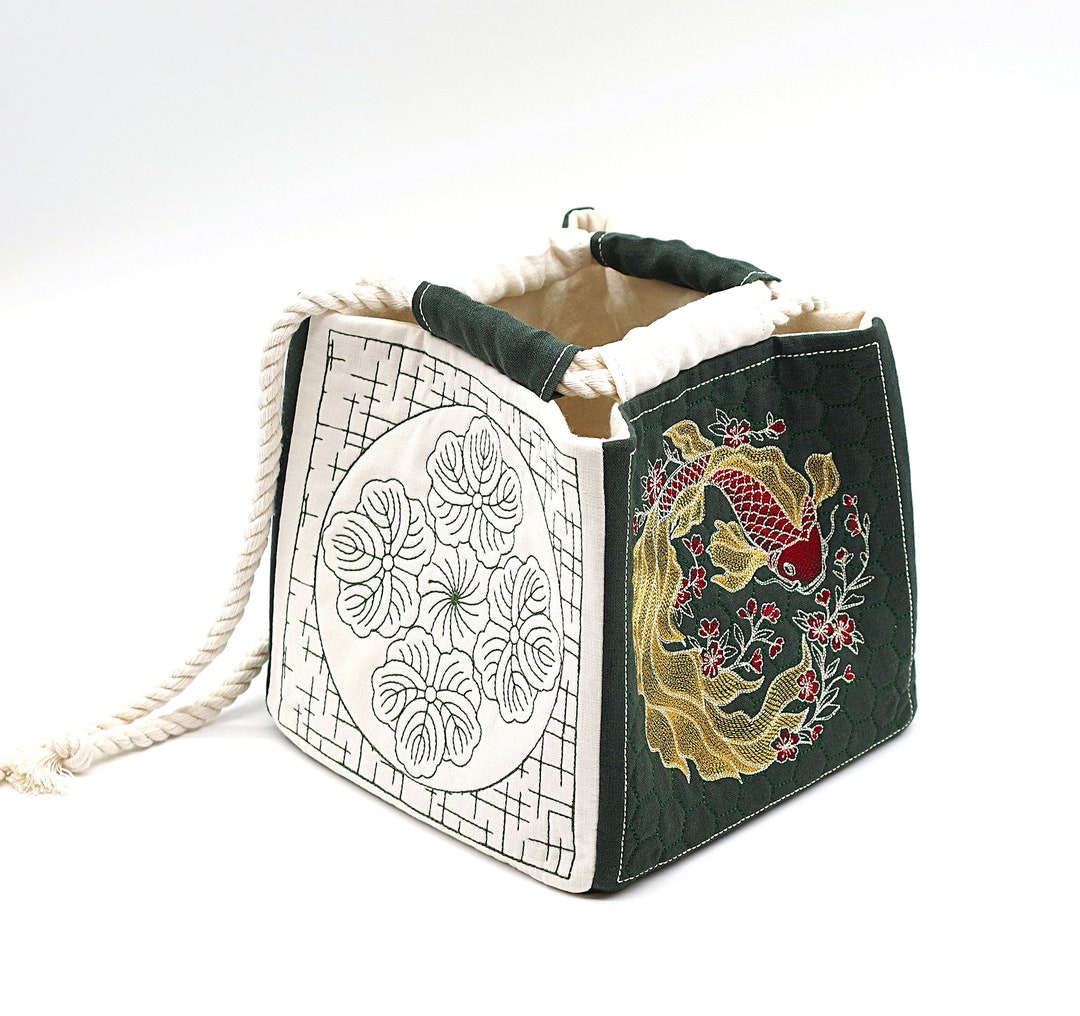 Forest Green Japanese Drawstring Pouch - Komebukuro - Sashiko Quilt ...