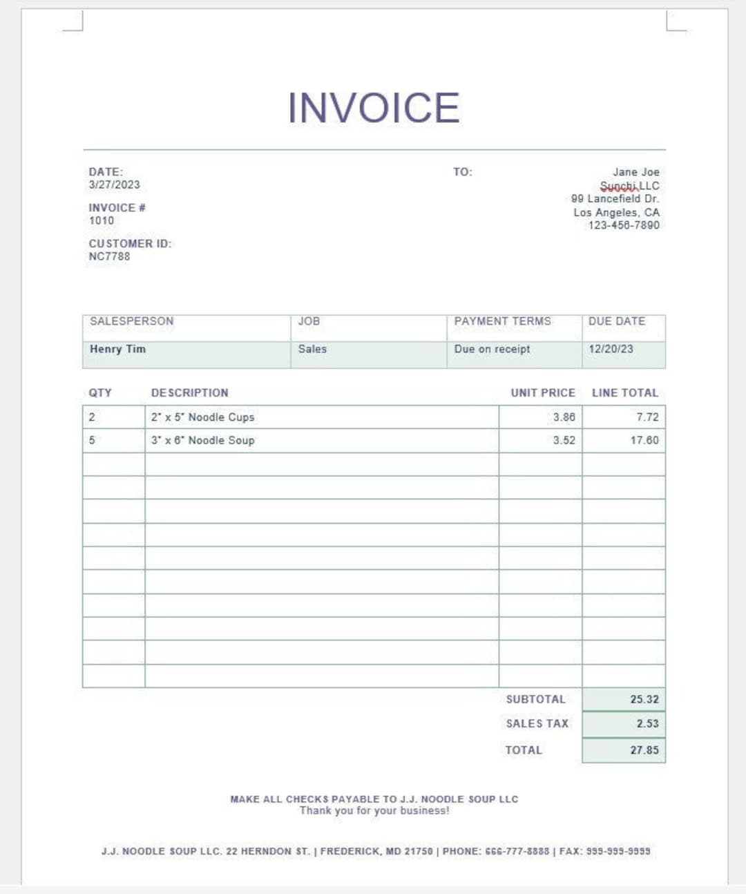 Simple Invoice Template for Excel, Business or Freelance, Printable ...