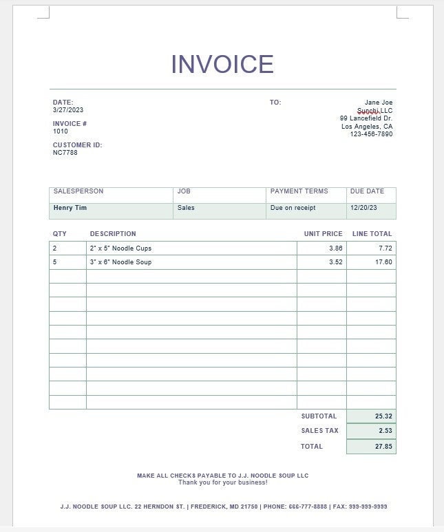 Simple Invoice Template for Excel, Business or Freelance, Printable ...