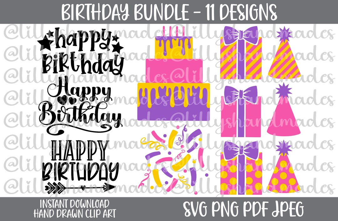 Happy Birthday SVG Bundle, Party Hat, Birthday Cake, Confetti, Gift Box ...