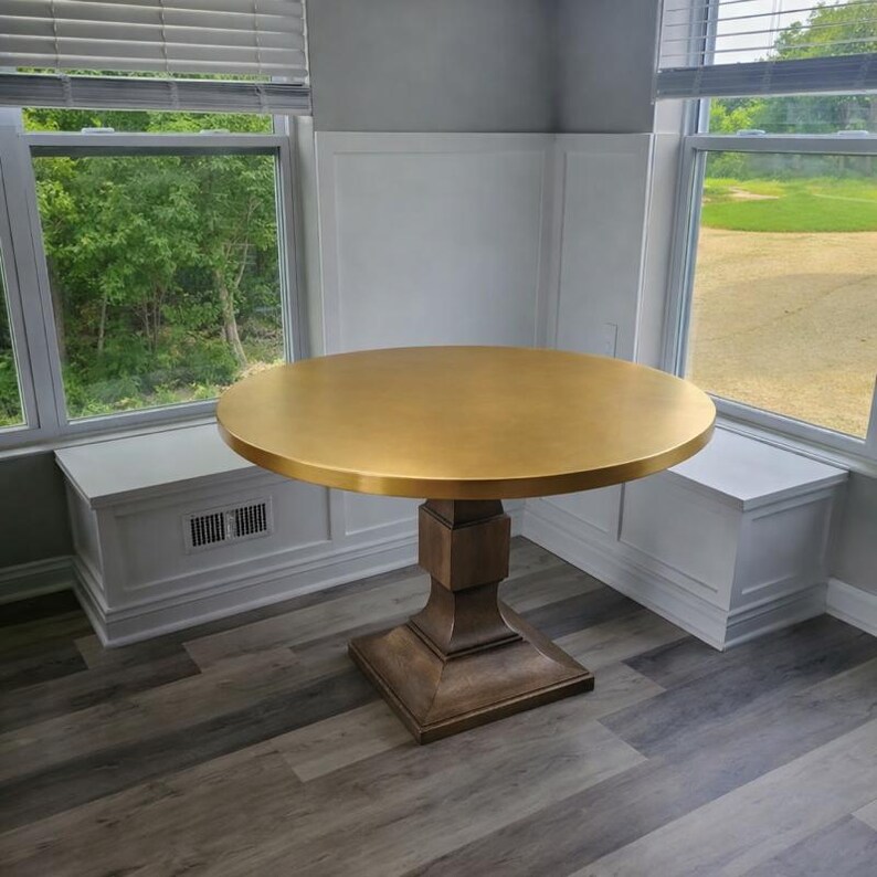 Round Kitchen Dining Table – Modern Brass & Wood Pedestal, Bactericidal ...