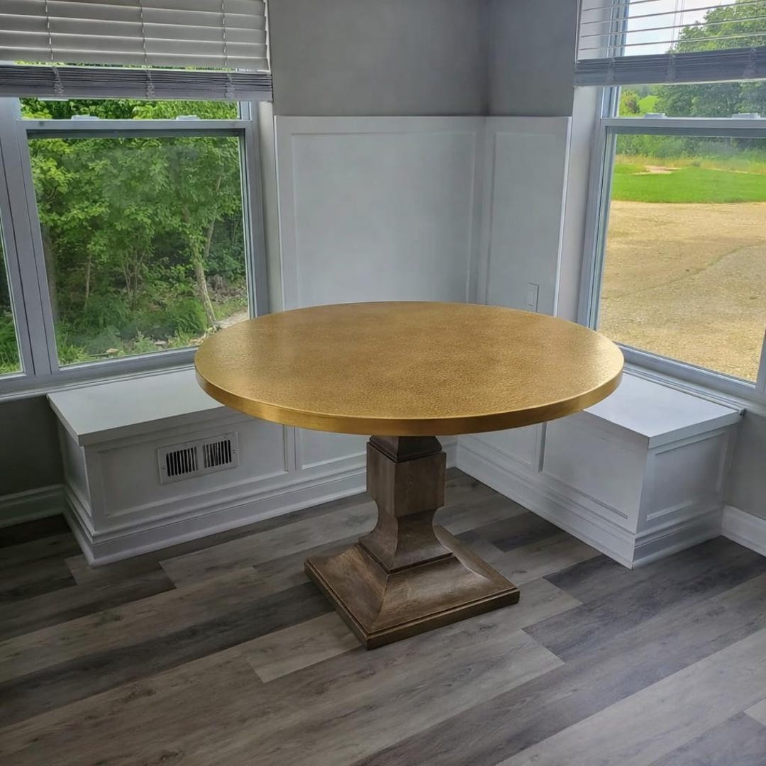 Round Kitchen Dining Table – Modern Brass & Wood Pedestal, Bactericidal Surface, Abstract Style ...