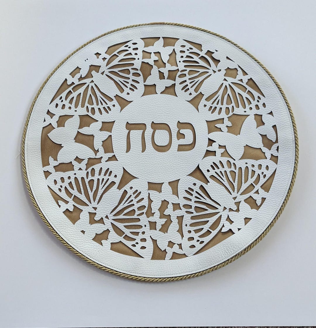 Genuine Leather Modern Laser Cut White/ Gold Butterfly Matzah Cover for ...