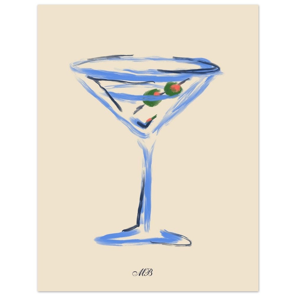 Martini Glass Art Print Blue With Olives Premium Matte Paper Poster ...