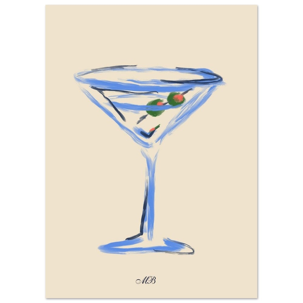 Martini Glass Art Print Blue With Olives Premium Matte Paper Poster ...