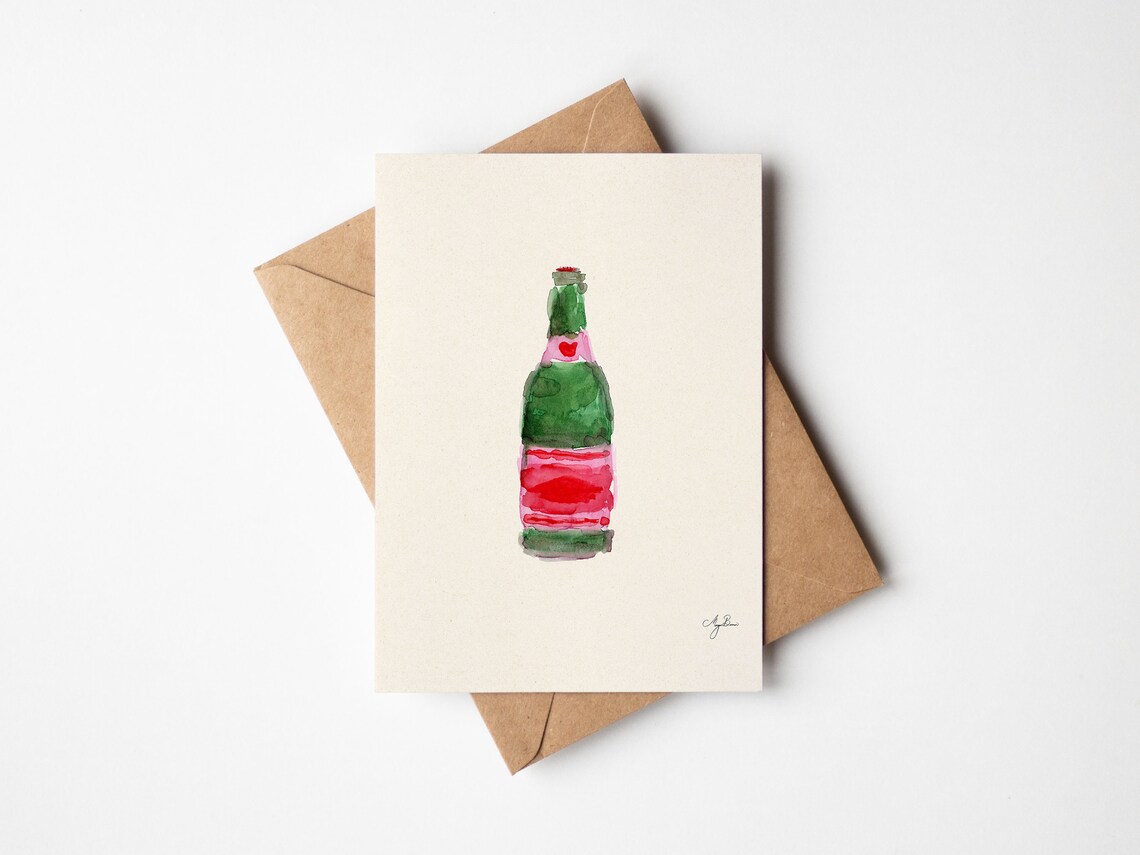 Champagne Bottle With Red and Pink Label Greeting Cards Pack of 10 ...