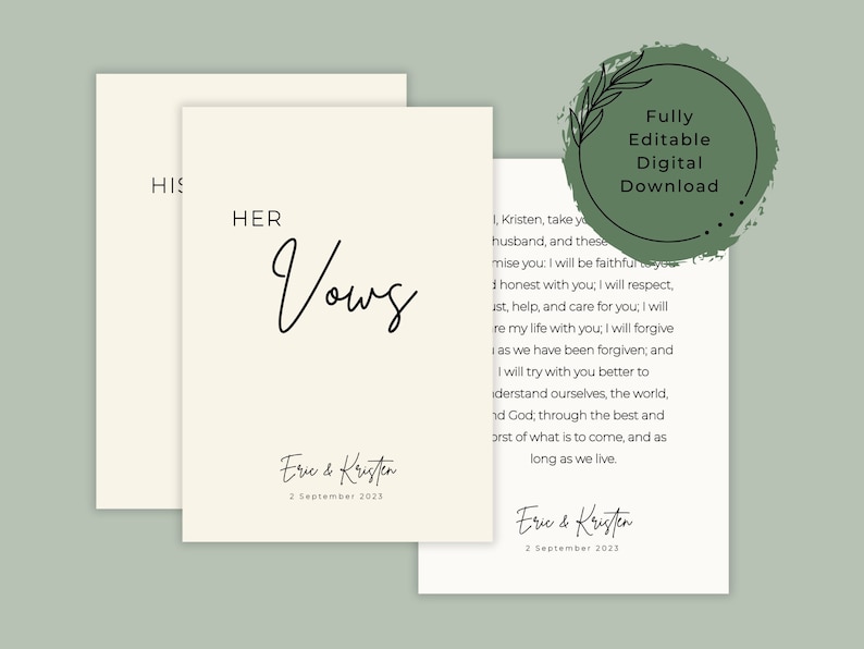 His and Hers Wedding Vow Cards - Digital Download - Etsy