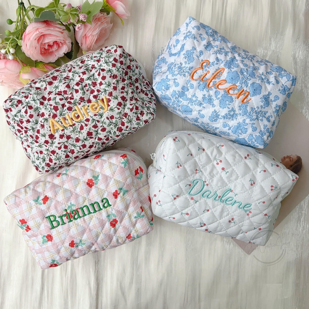Embroidered Makeup Bag With Name, Personalized Name Floral Cosmetic ...