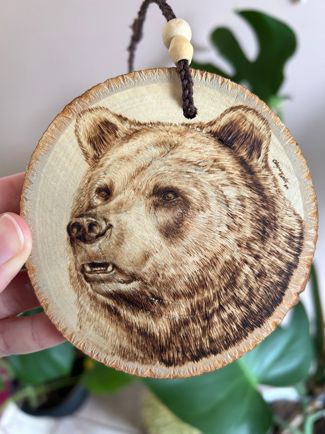 Wood Burned Grizzly Bear Portrait, Beaded Hanging Artwork. Wood Burned ...