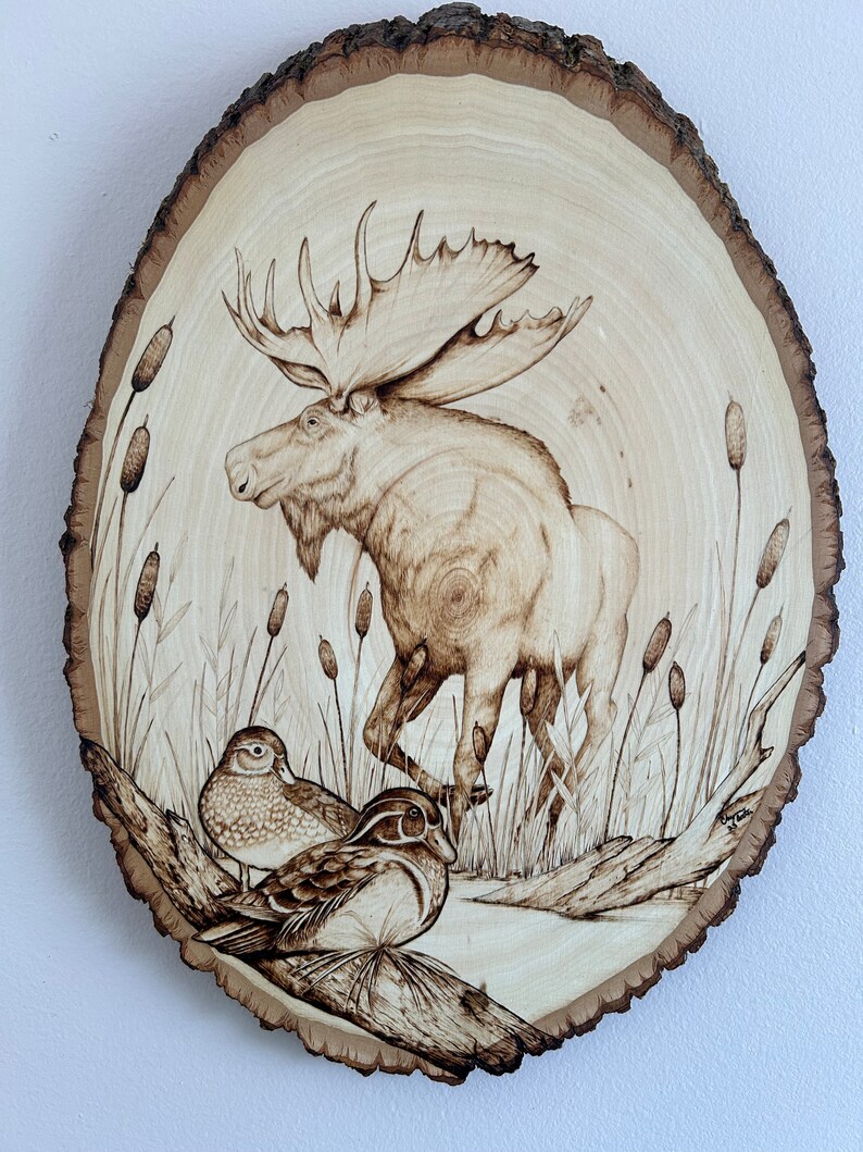 Wood Burned Moose & Ducks Wall Art, Handmade Basswood Decor - Etsy