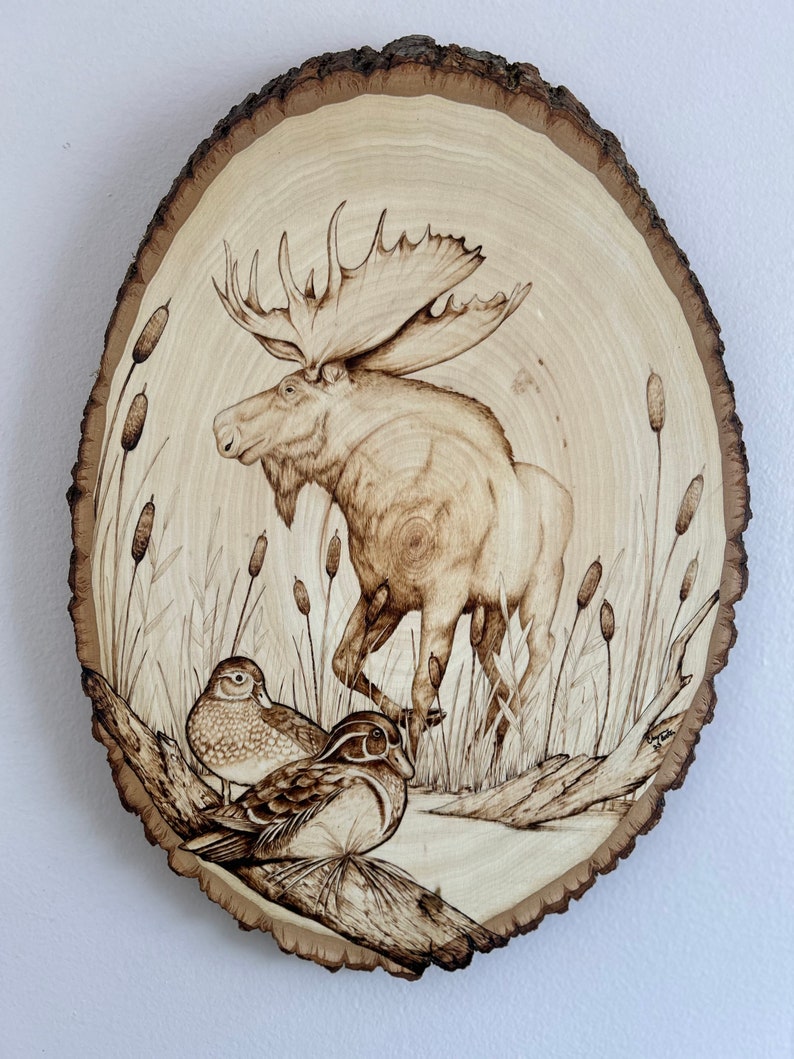 Wood Burned Moose and Wood Duck Pair. Wall Hanging Artwork. Moose and ...