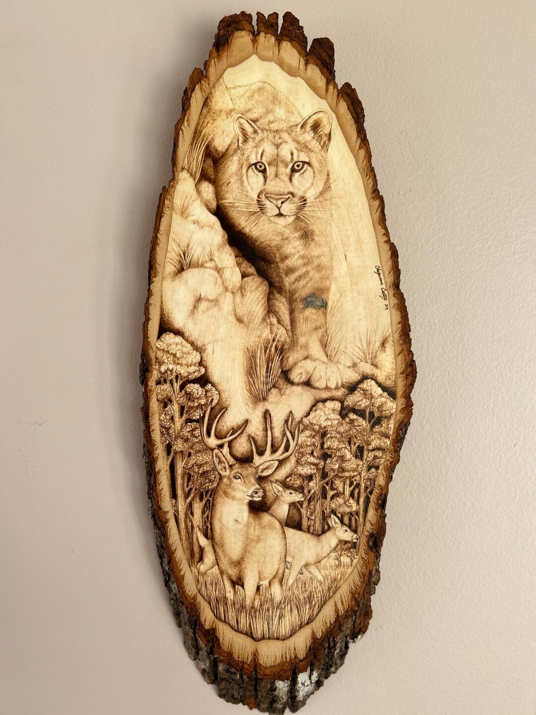 Wood Burned Mountain Lion and Deer. Wildlife Inspired Artwork. Cougar ...