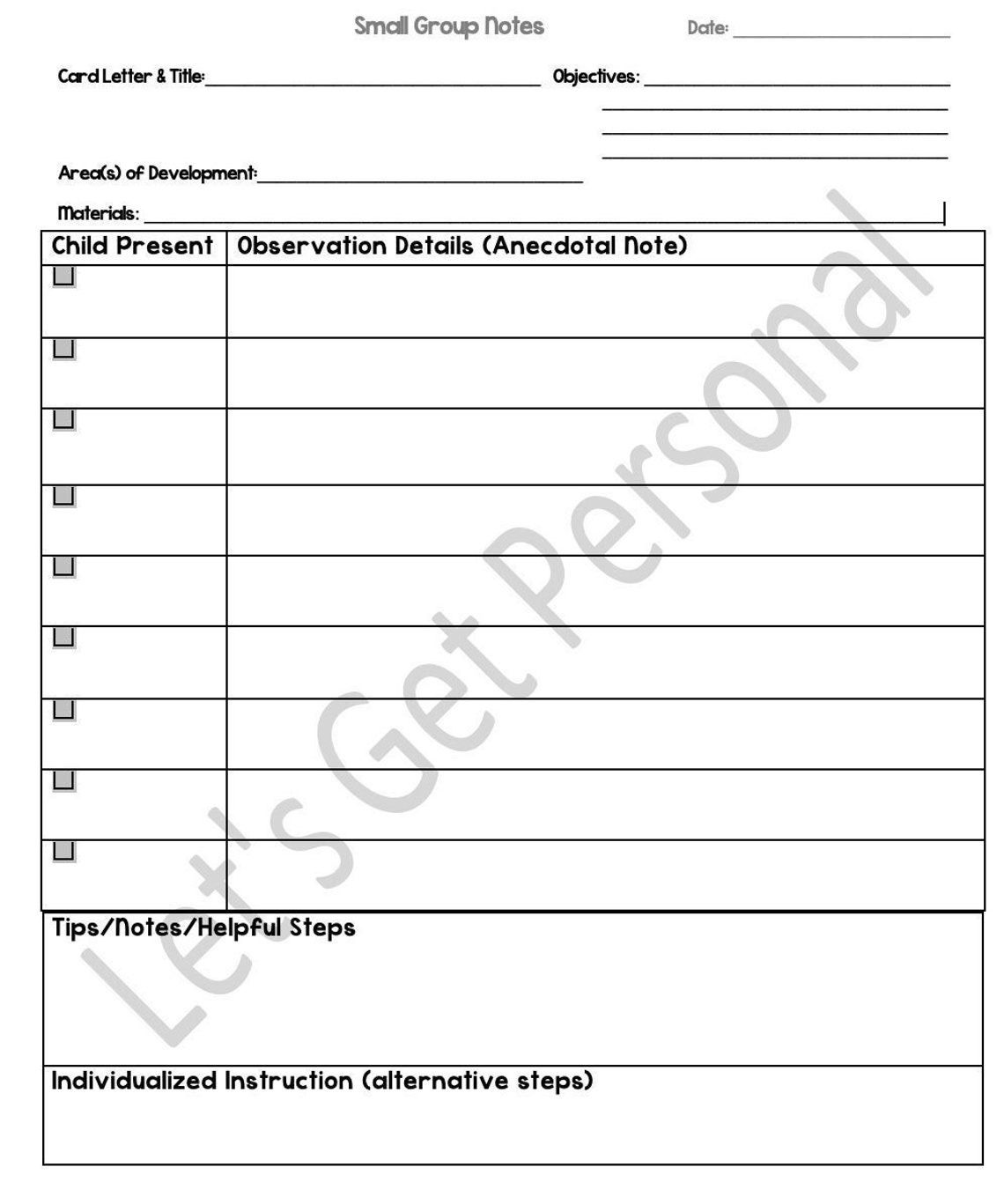 Small Group Note Sheet Anecdotal Notes Creative Curriculum Assessment ...
