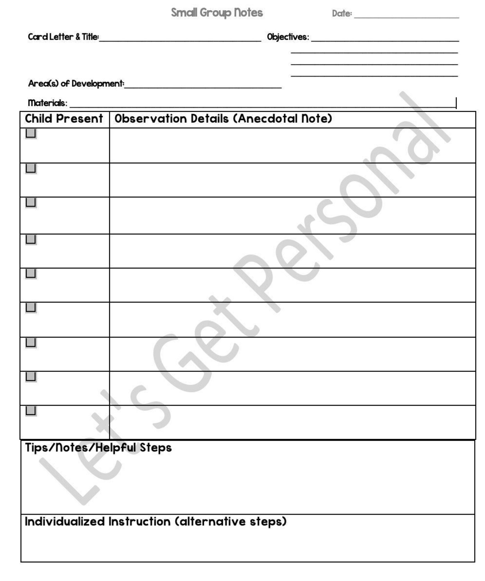 Small Group Note Sheet Anecdotal Notes Creative Curriculum Assessment ...