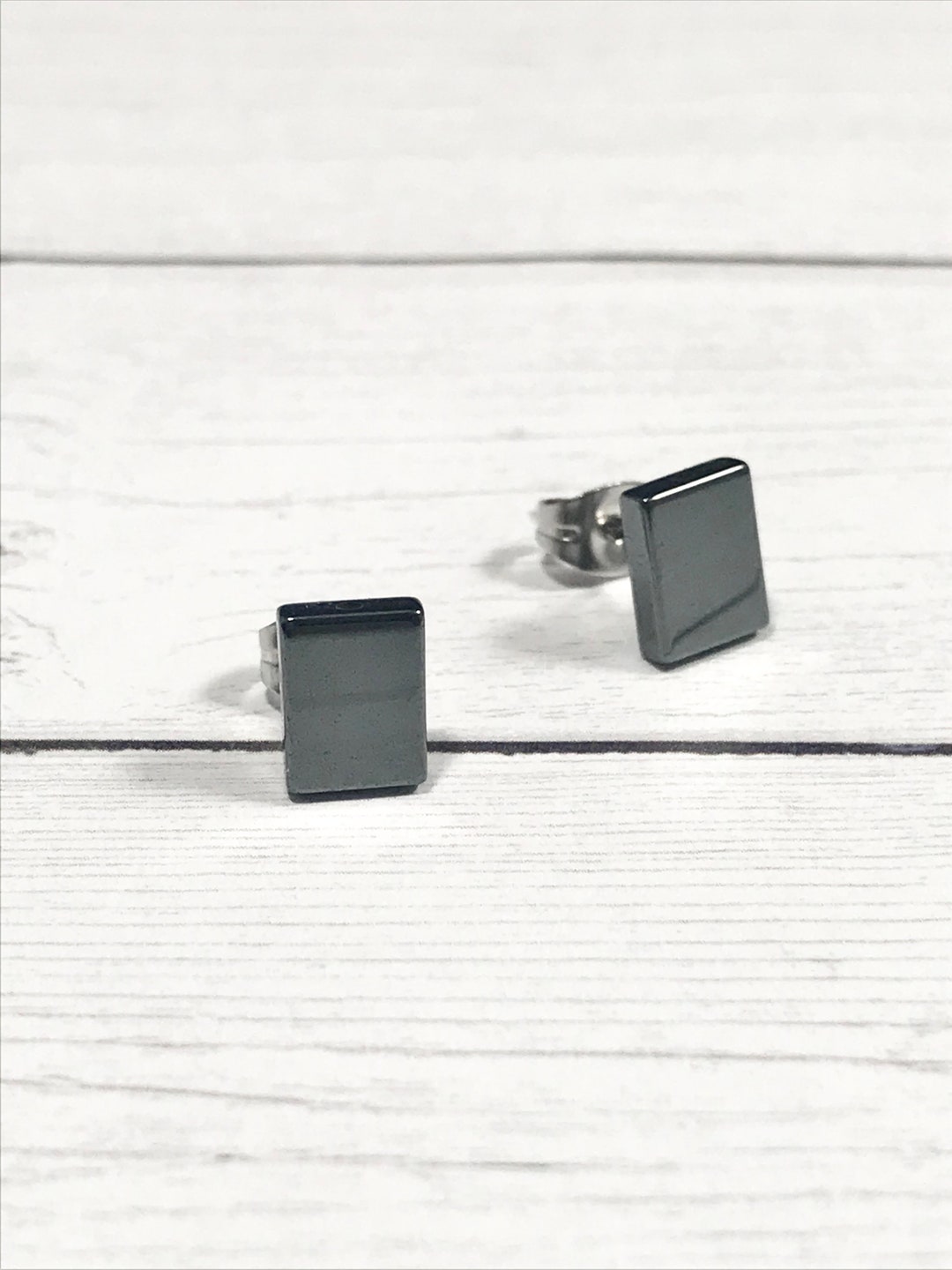 The Ines | Handmade Rectangular Hematite Stud Earrings, Rectangle ...