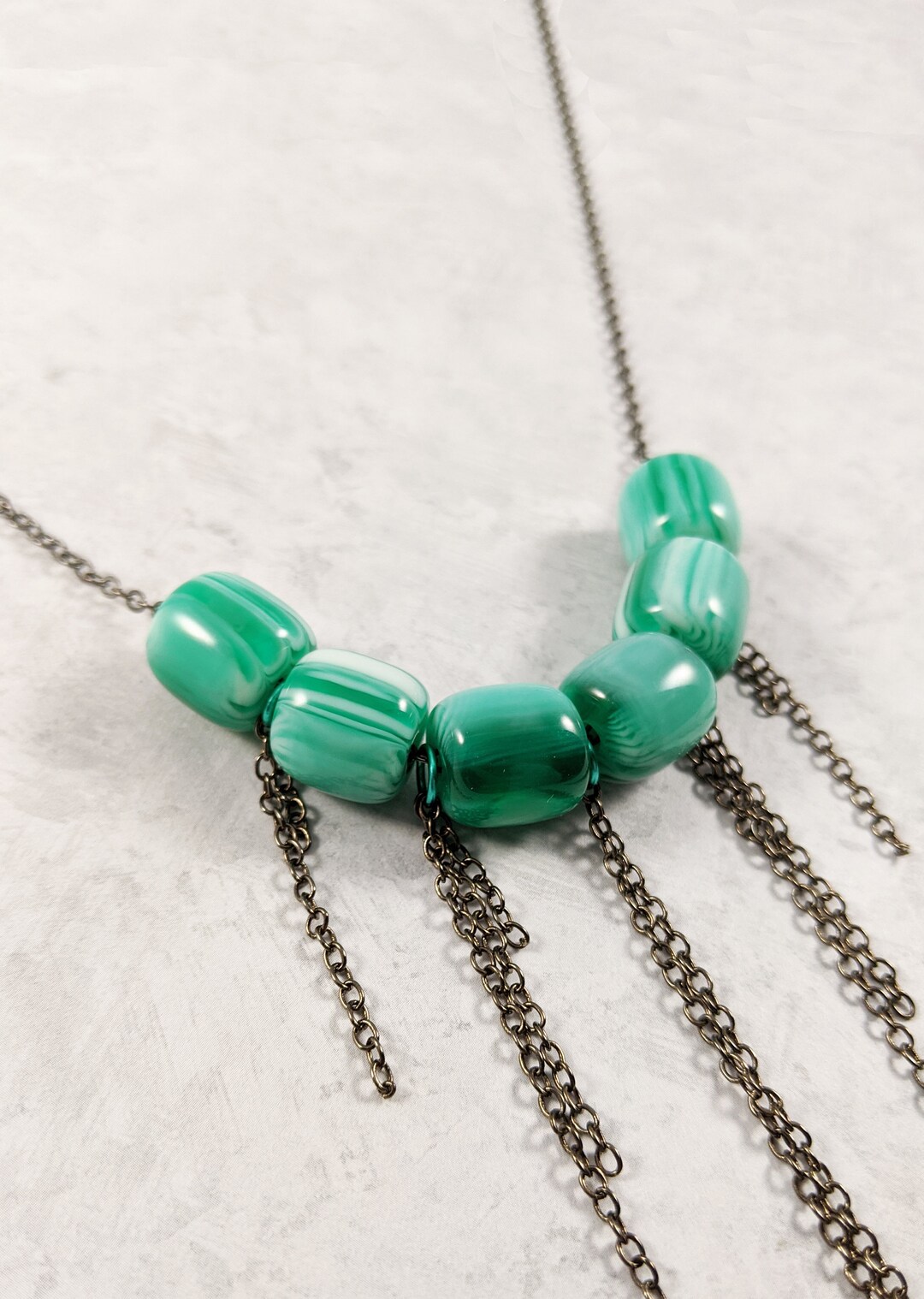 The Brooke | Handmade Bead & Chain Waterfall Necklace, Green Marbled ...