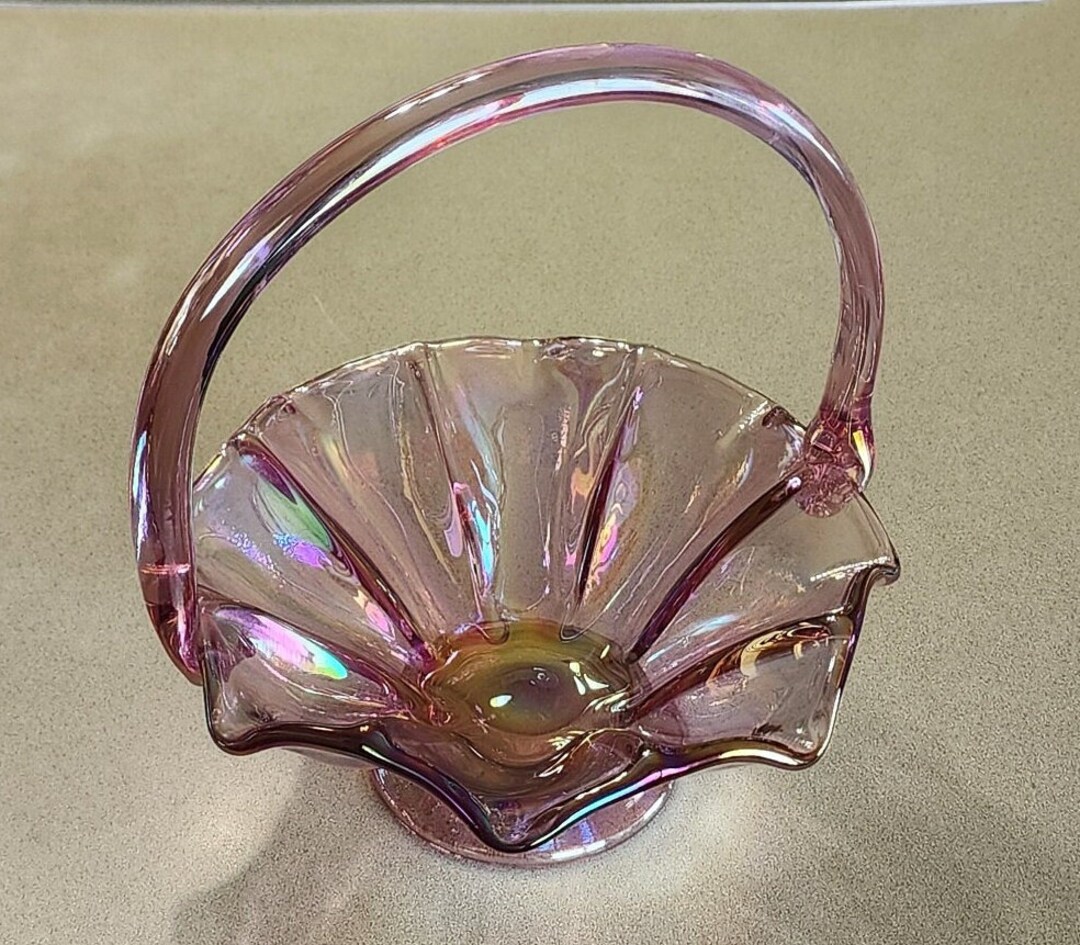Vintage Fenton Basket Stretch Glass QVC Irridescent Puple Paneled ...