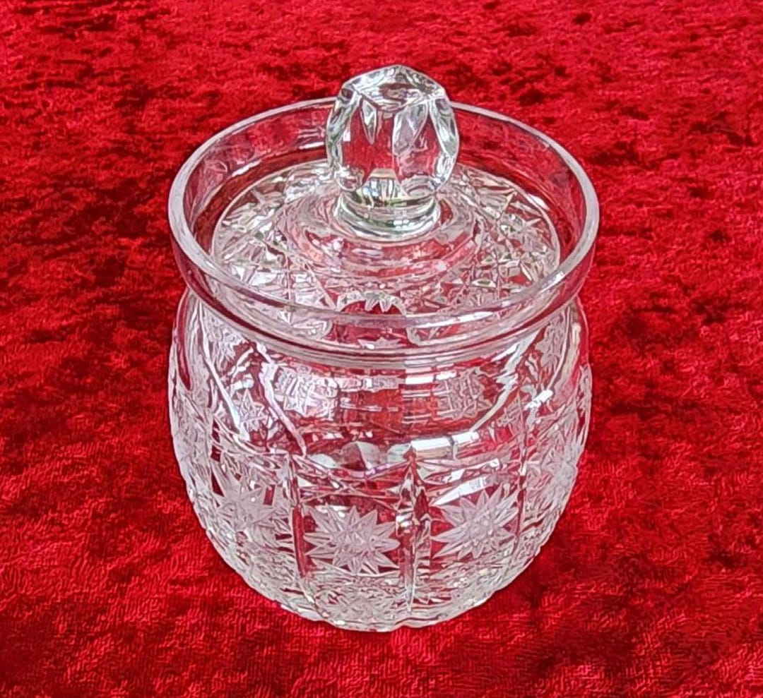 Vintage Crystal Small Jam Honey Jar With Lid. Cut Small Stars in Rows ...
