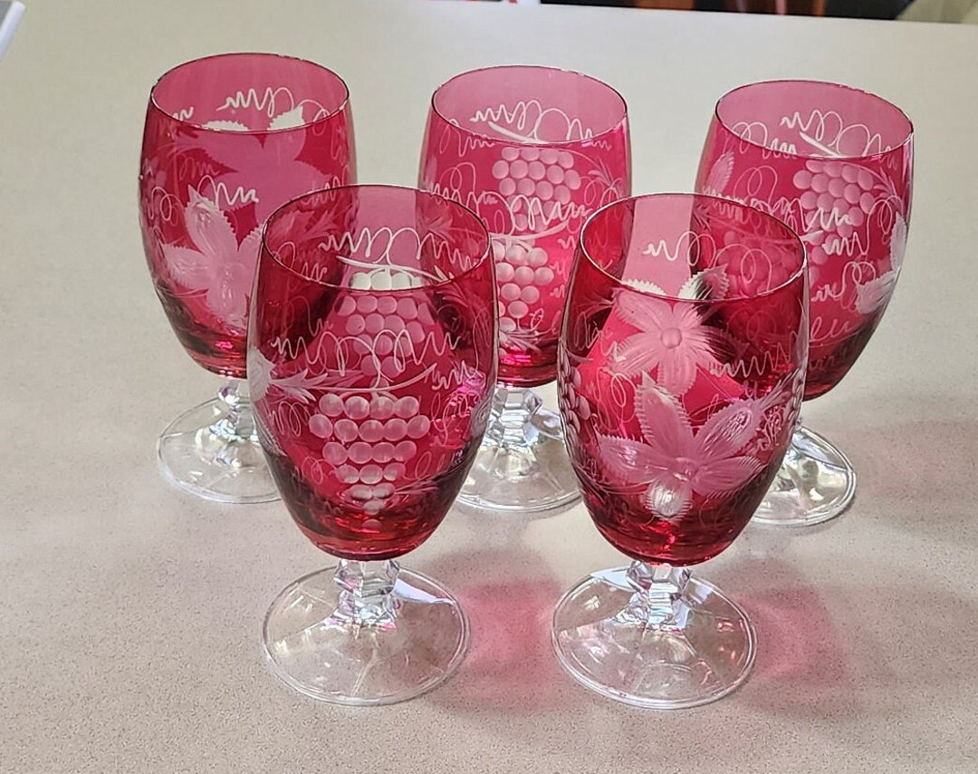 5 Antique Rose Colored Cut Design Stemware. Features Scrolls Flowers ...