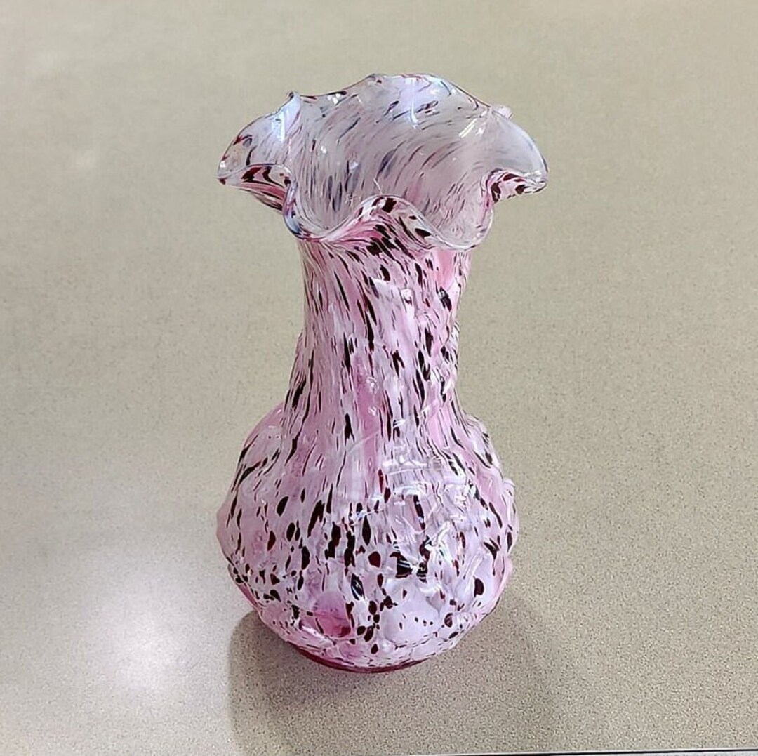 Vintage Art Glass Ruffle Top Spatter Vase. Pink, White, Black With a ...