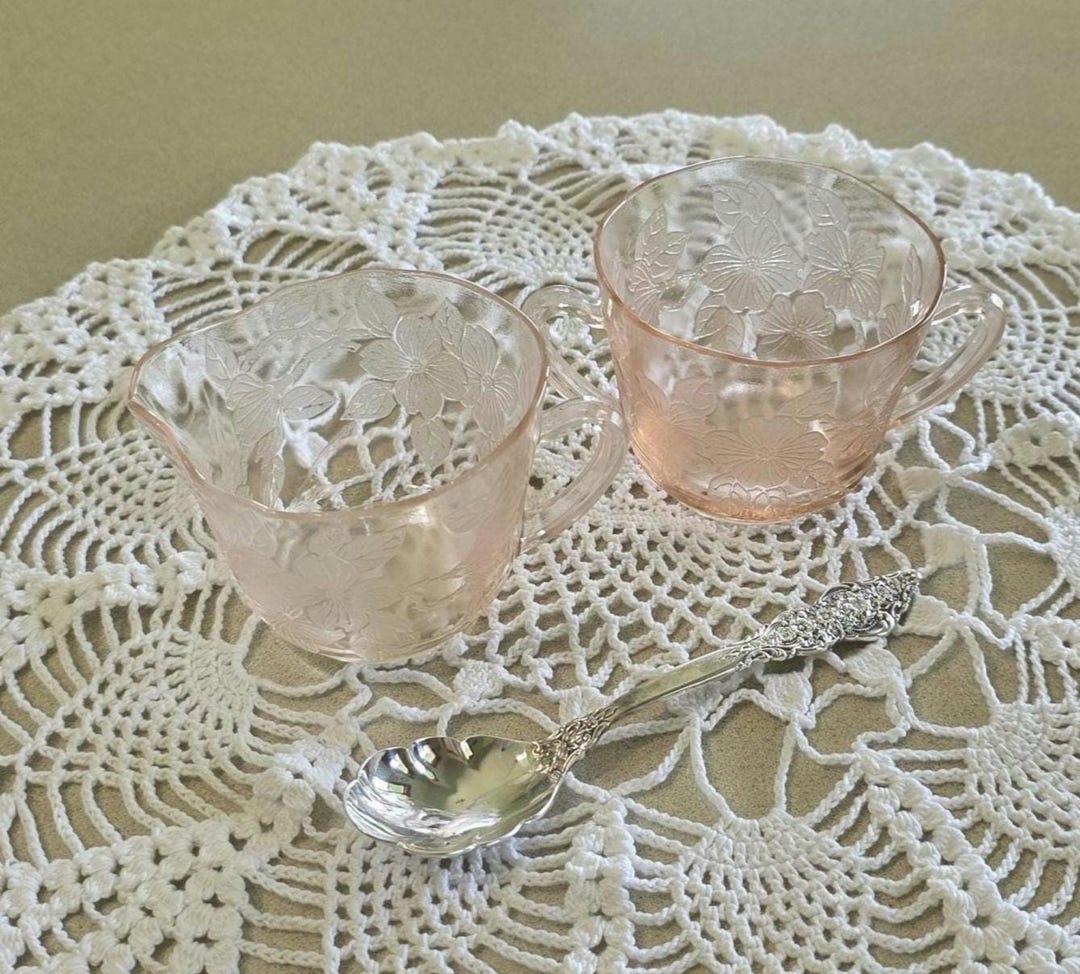 A Vinquette With Pink Depression Dogwood Cream and Sugar, Handmade 15 ...