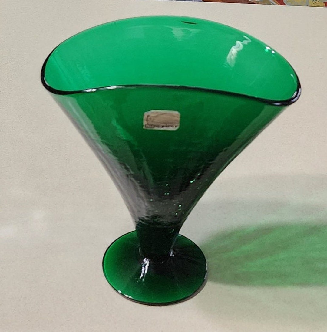 Vintage Pilgrim Glass Large Fan Vase Dark Emerald Green Crackle Glass ...
